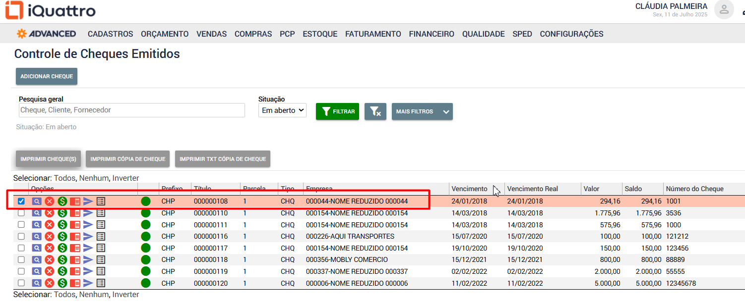 Controle de Cheques Emitidos – iQuattro Ajuda